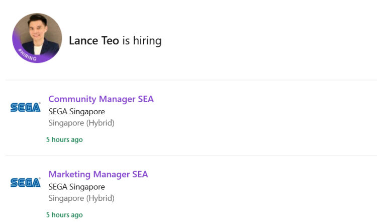 SEGA Singapore Is Hiring Marketing Manager and More - GamerBraves